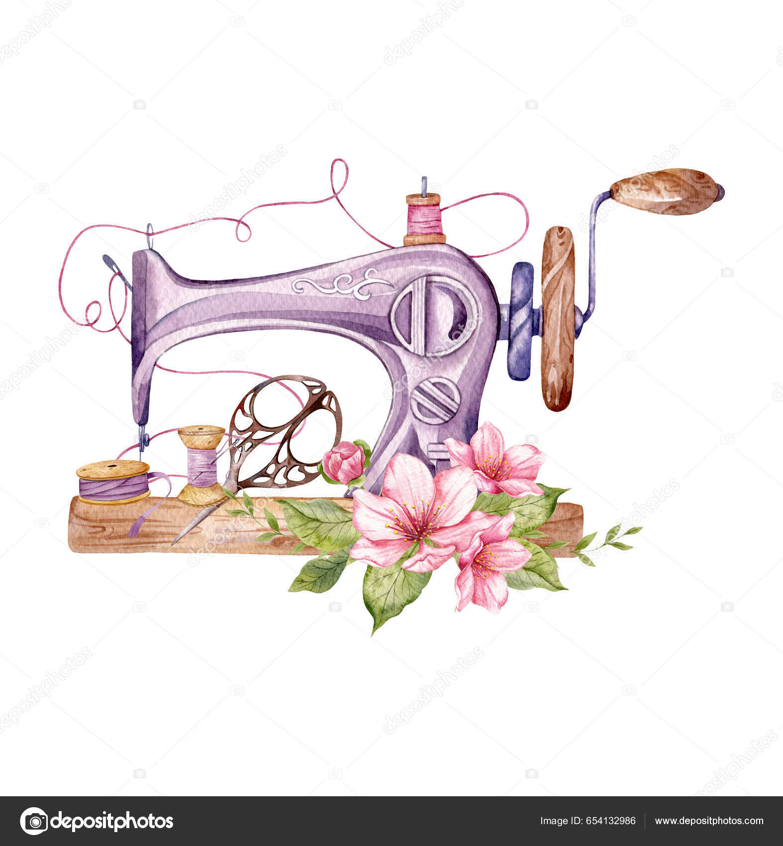 Sewing Logo Vintage Sewing Machine Floral Wreath Watercolor ...