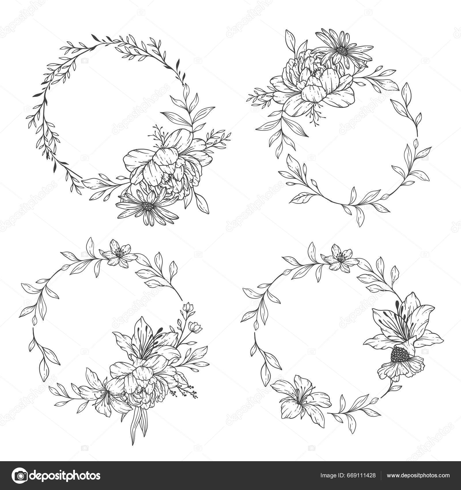 Floral Frames Line Art Fine Line Wildflower Frames Hand Drawn Stock ...