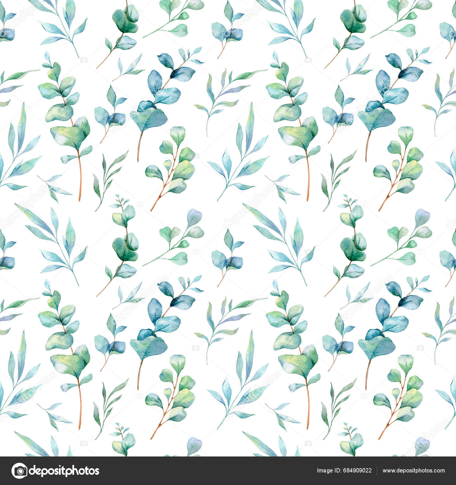 Seamless Watercolor Floral Pattern Eucalyptus Greenery Leaves Branches ...