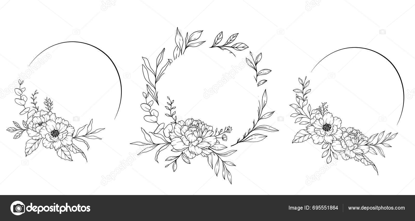 Peony Line Drawing Marcos Florales Blanco Negro Arte Línea Floral ...