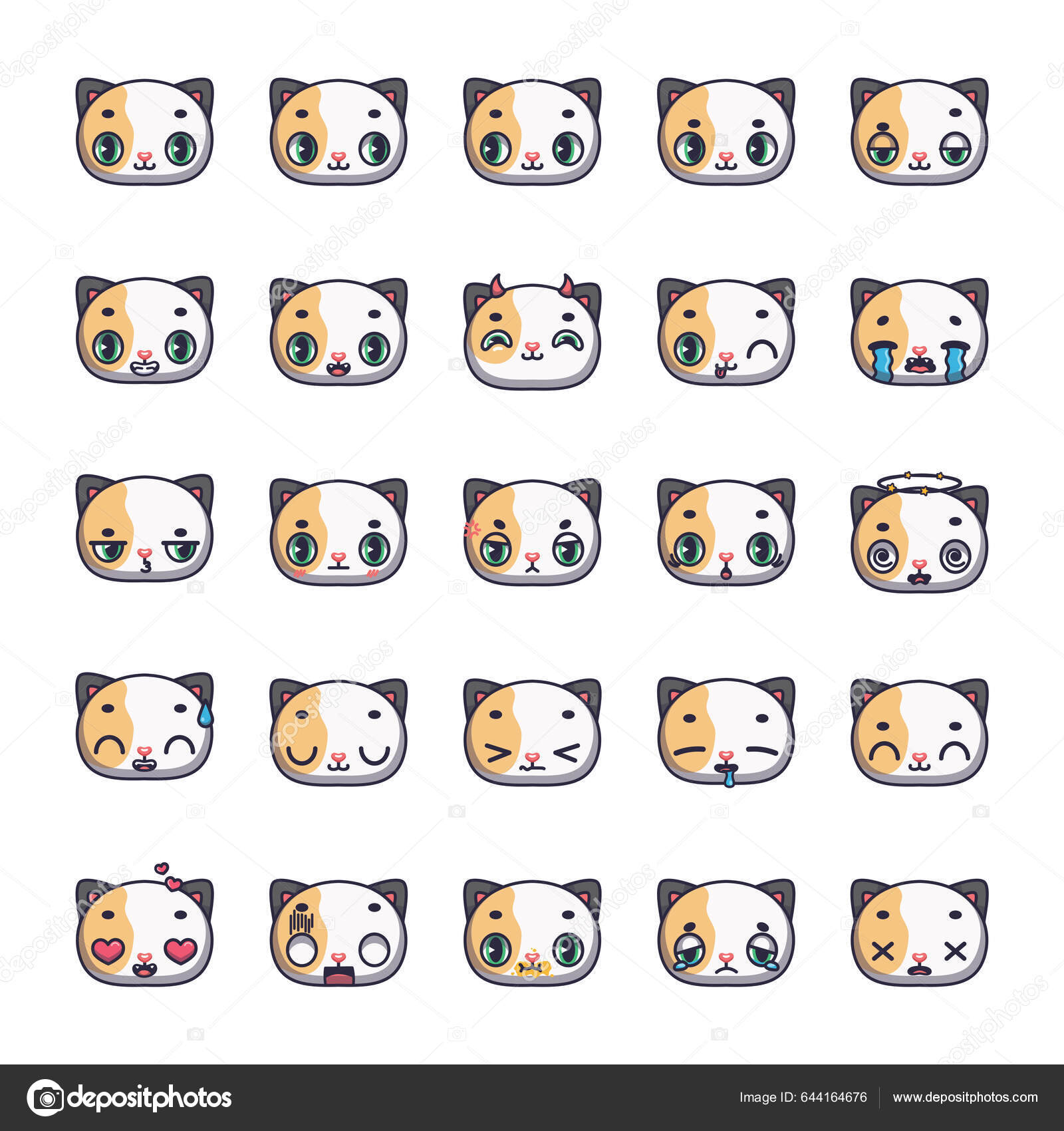 Set Calico Cat Avatars Various Facial Expressions Emotes Stock Vector ...