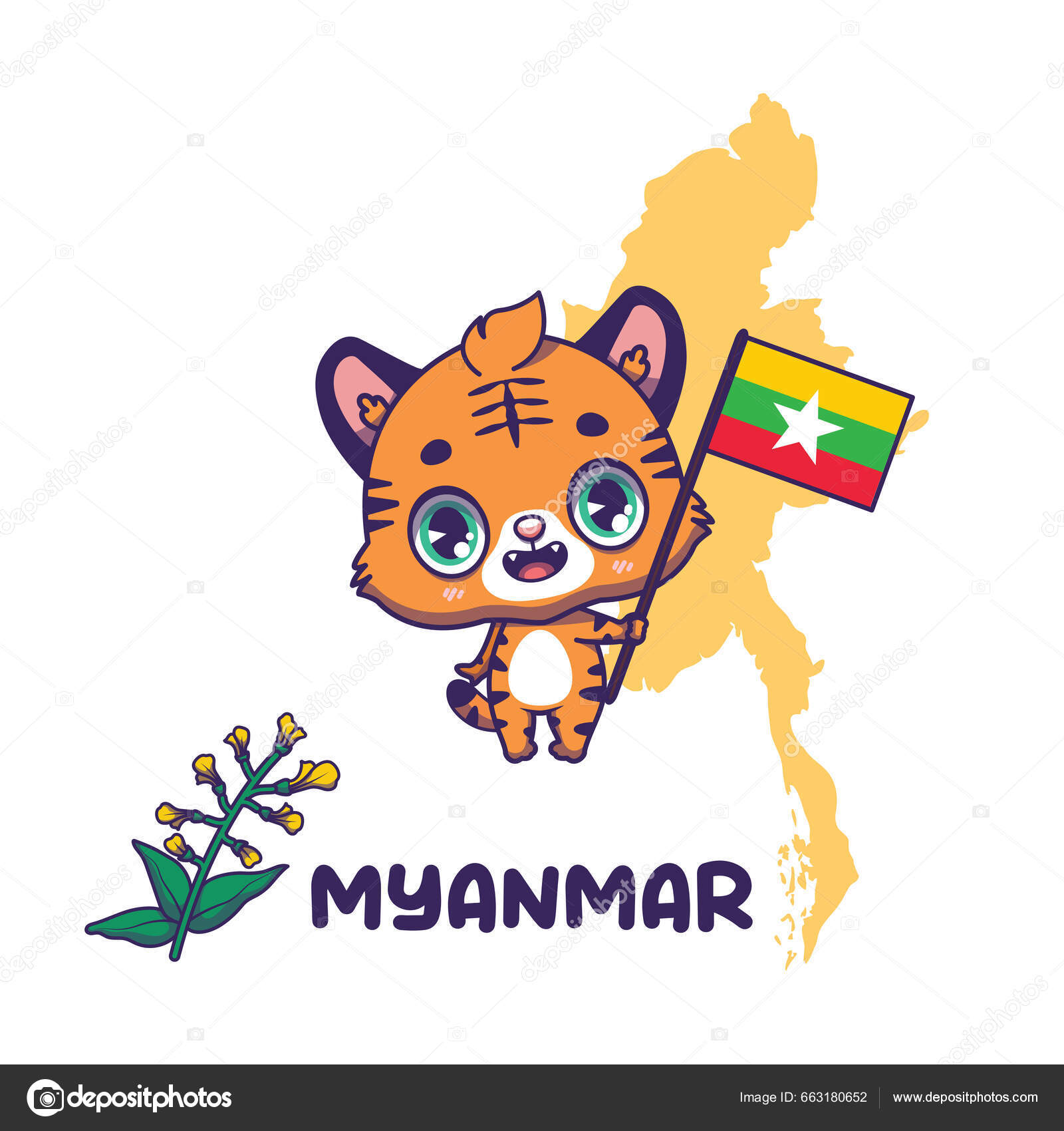 National Animal Tiger Holding Flag Myanmar National Flower Padauk ...