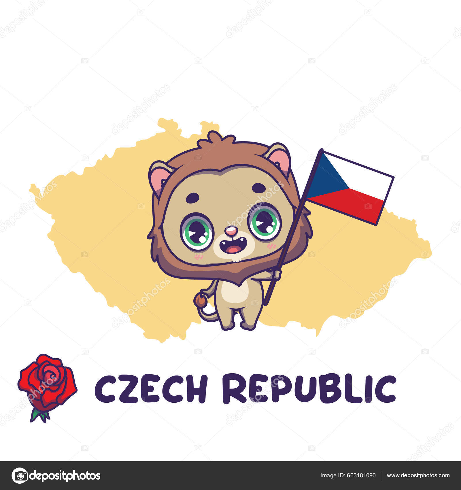National Animal Lion Holding Flag Czech Republic National Flower Rose ...