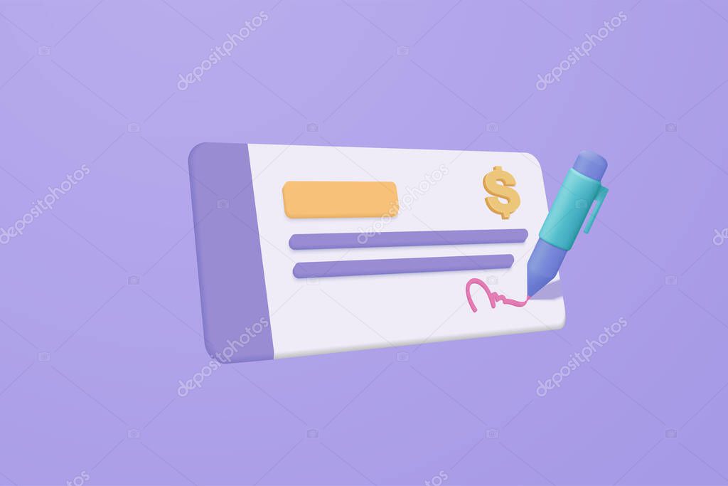 Cheque bancario en 3D con transferencia de fondos de dinero, recibo de ...