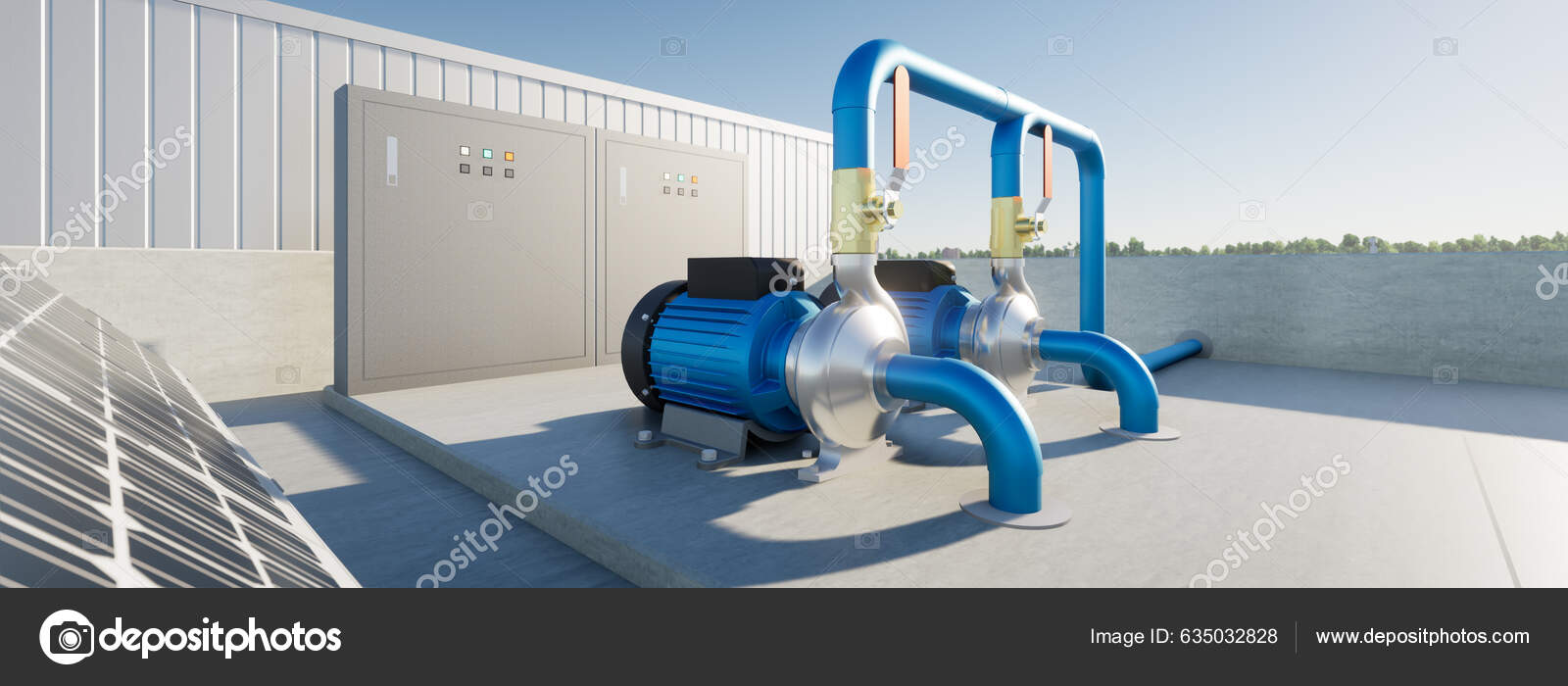 Rendering Water Pump Station Rooftop Water Tank Include Centrifugal ...