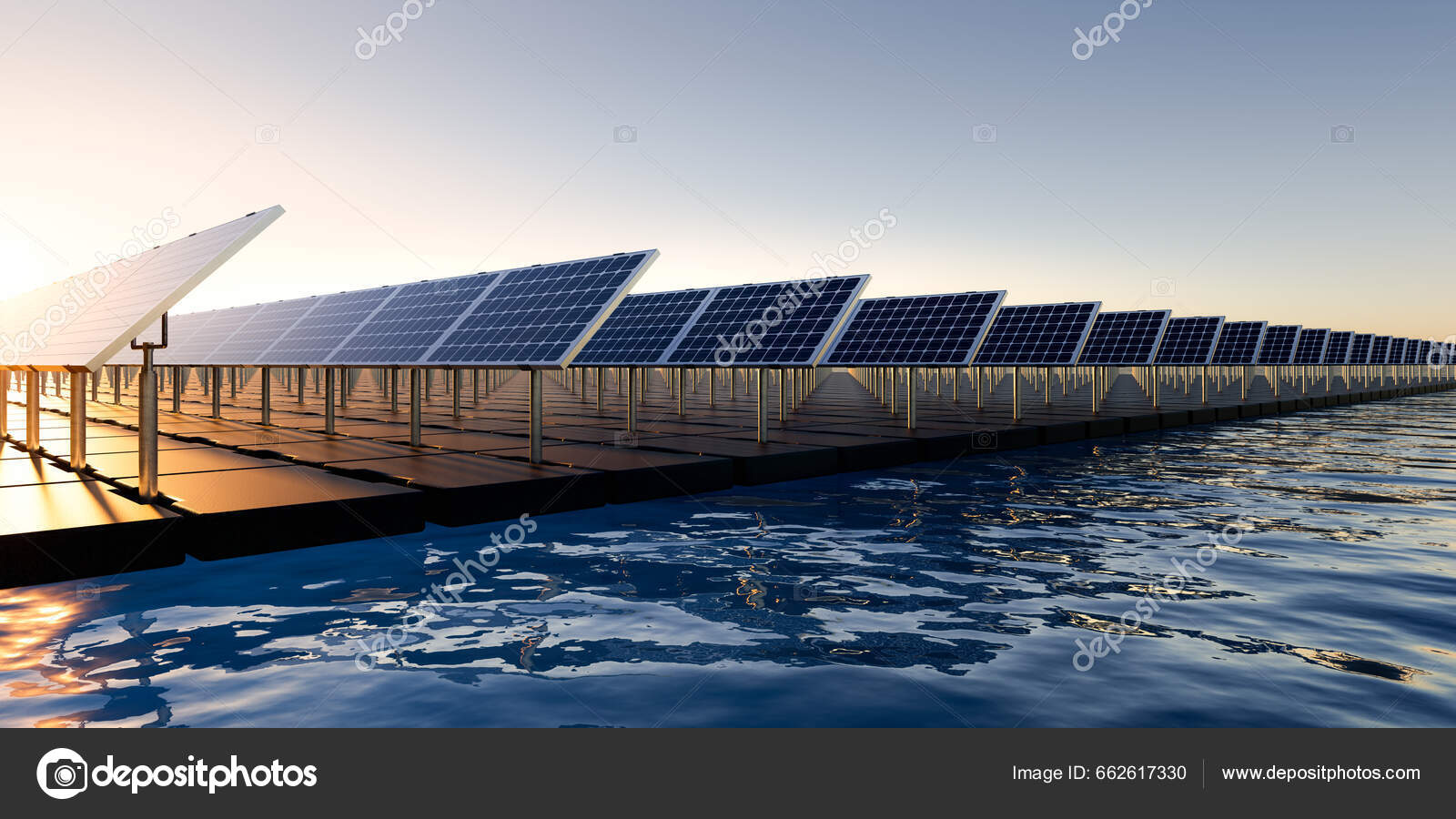 Rendering Floating Solar Floatovoltaics Solar Farm Consist Photovoltaic Cell Panel — Stock Photo ...
