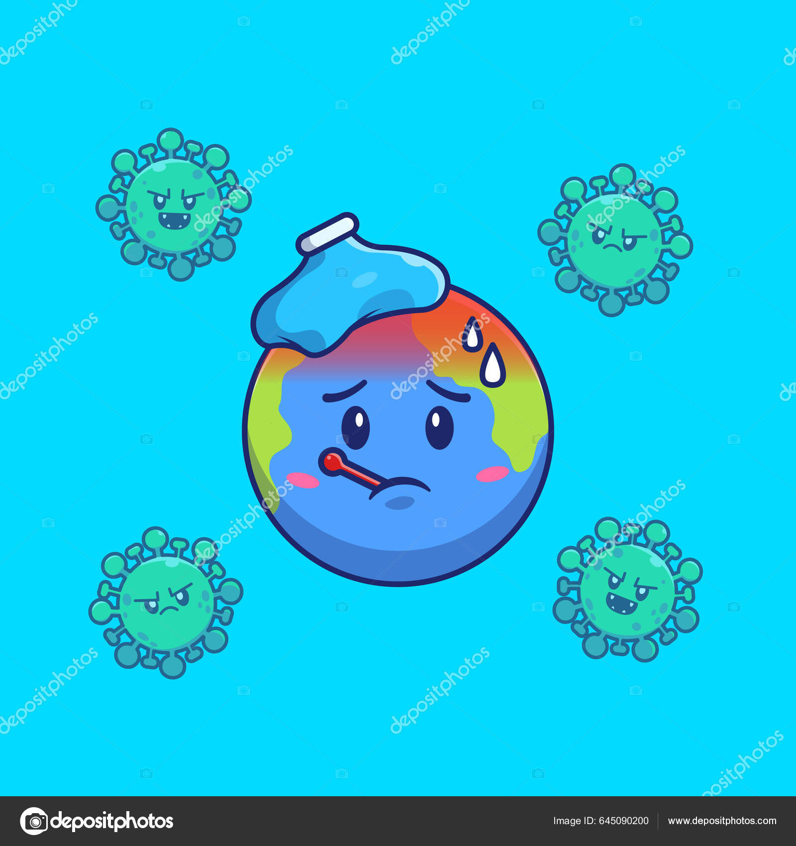 Lindo Mundo Enfermo Fiebre Virus Dibujos Animados Vector Icono ...