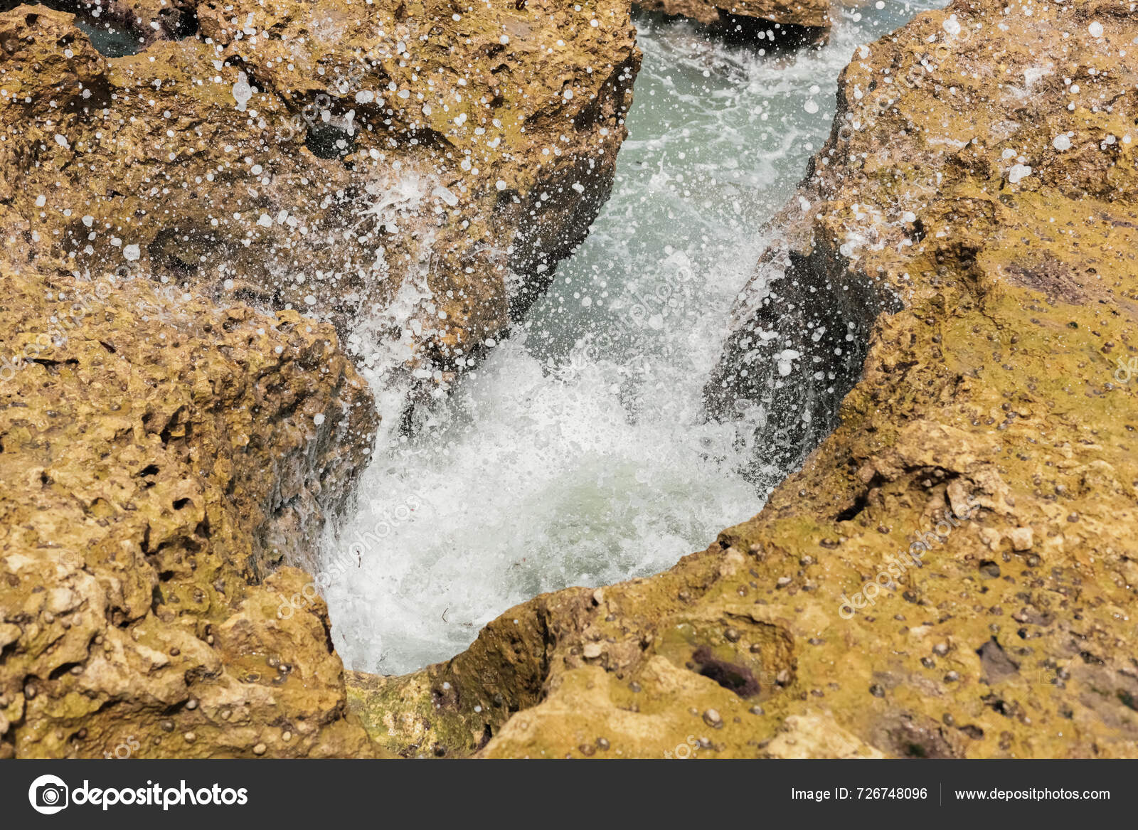 Beautiful View Coastal Rock Notch Surging Wave Foamy Water Splashes ...