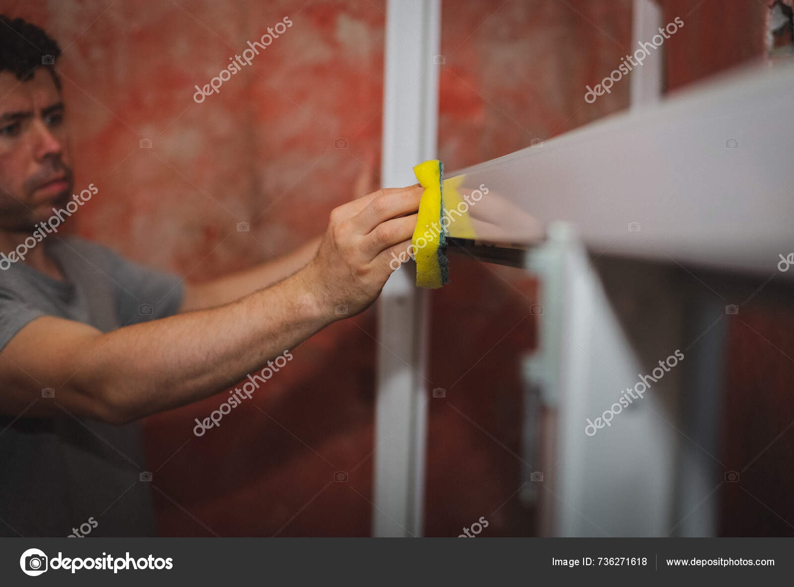 Handsome Young Caucasian Man Washing Window Frame Sponge Soap Preparing ...