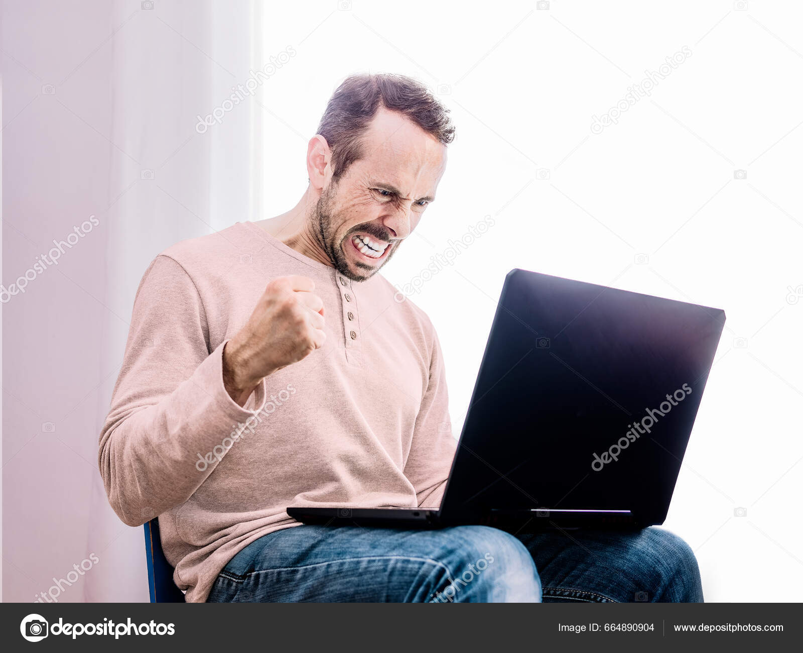 Angry Man Working Home Front His Computer Selective Focus — Stock Photo ...