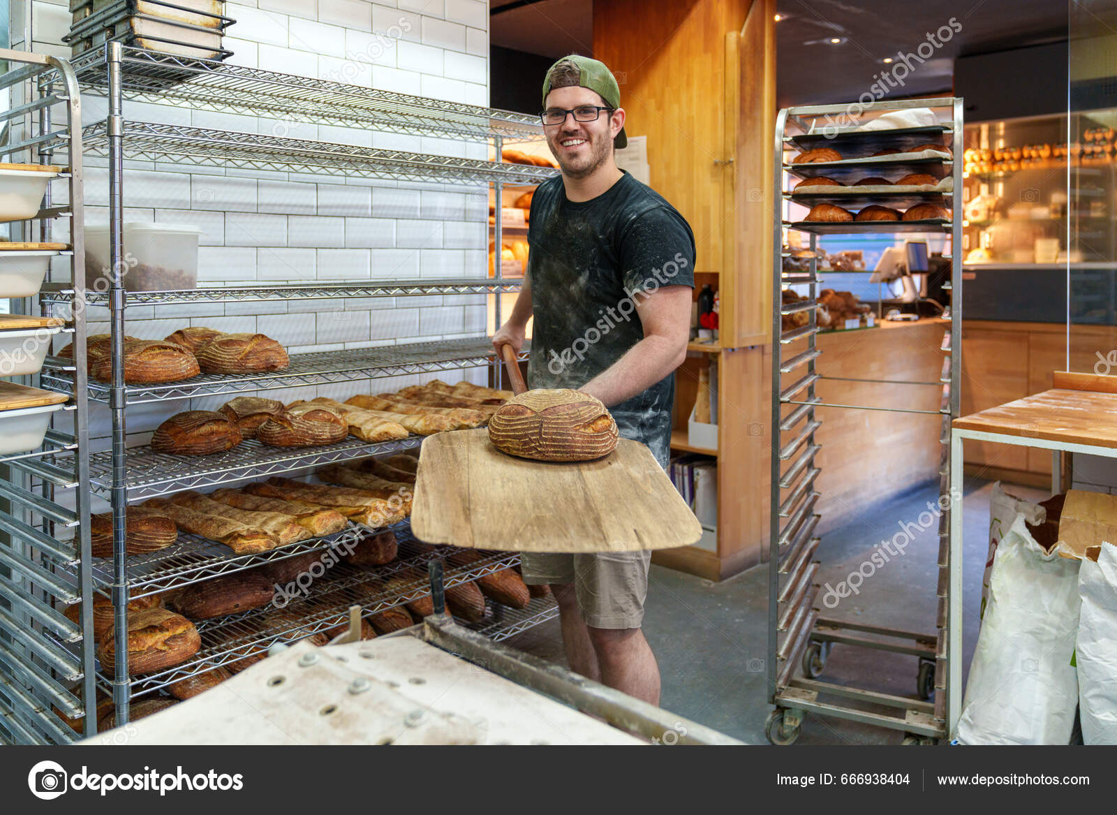 Joyful Baker Bustling Bakery Armed Bread Peel Stands Cart Filled ...