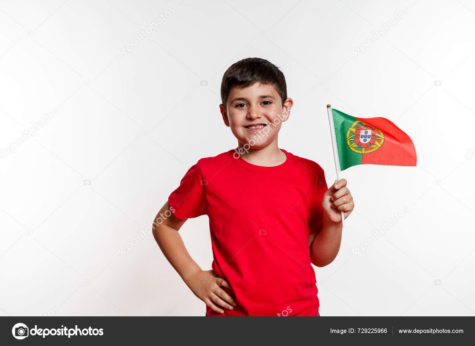 Boy Red Shirt Poses One Hand His Hip Portugal Flag — Stock Photo ...