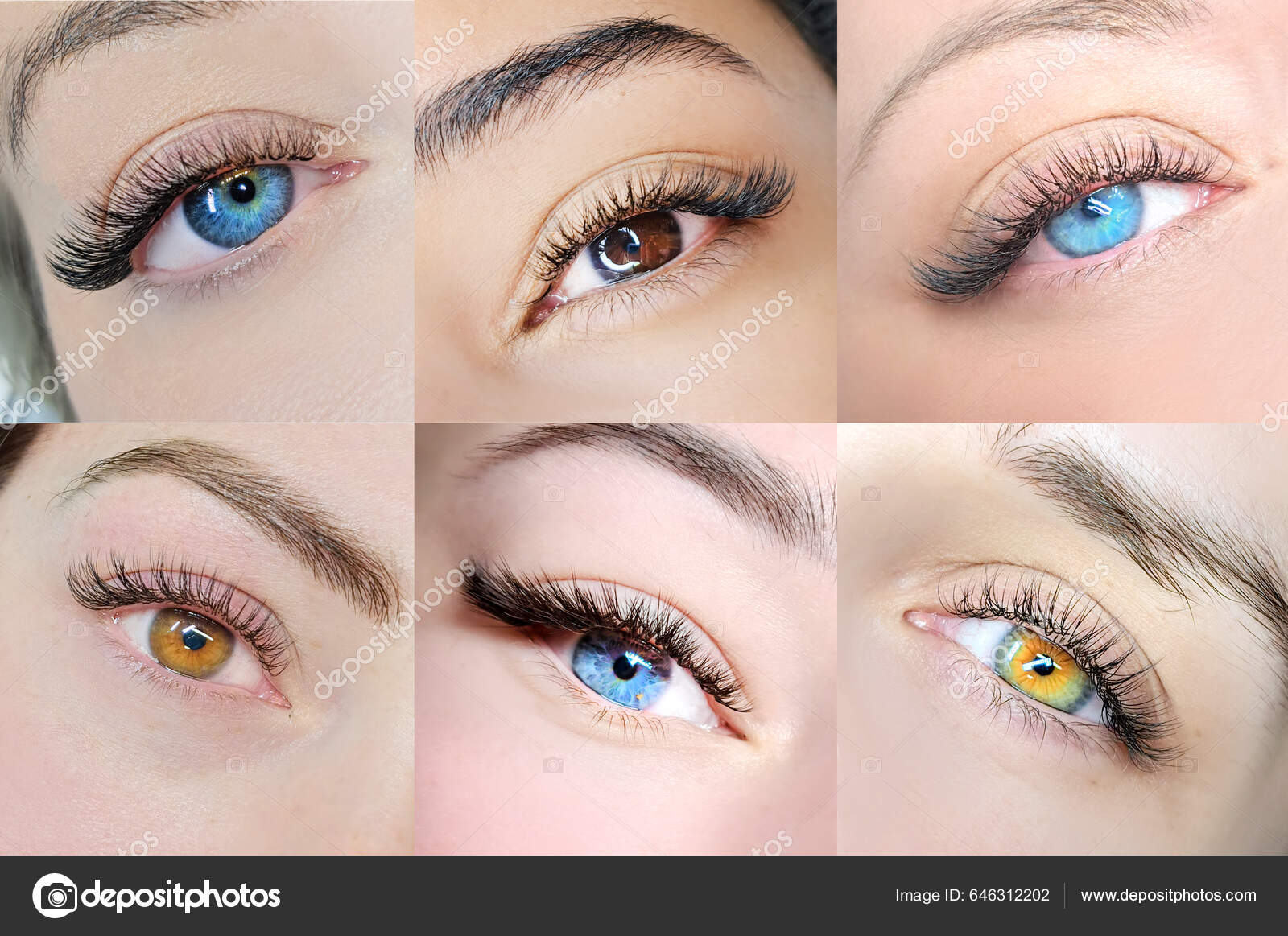 Collage Six Photos Close Eyes Eyelash Extensions Beauty Salon Treatment ...
