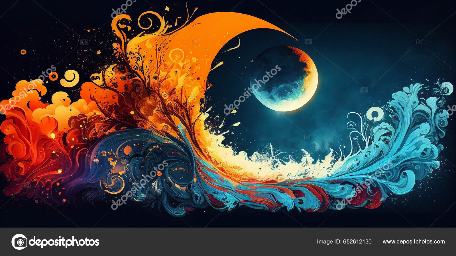 Wallpaper Wave Full Moon Illustrated Imagine Style — Stock Photo ...