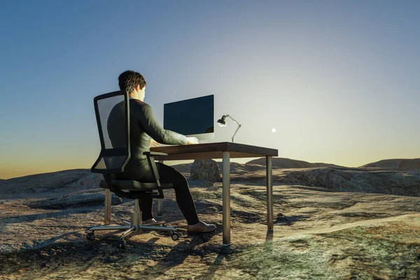 lonely businessman at pc work place in desert environment; remote work ...