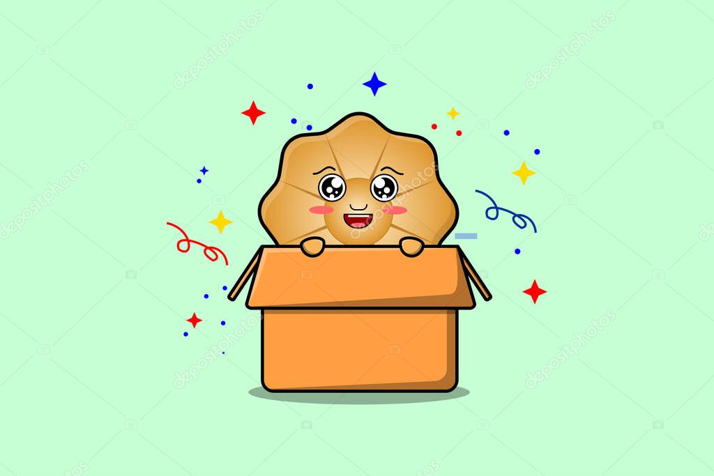 Lindo personaje de galletas de dibujos animados que sale de la caja en el estilo plano icono del ...