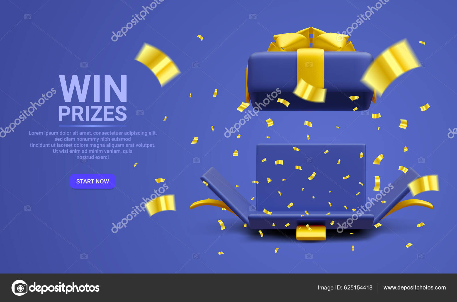 Realistic Open Gift Box Flying Gold Confetti Blue Background Win Stock ...