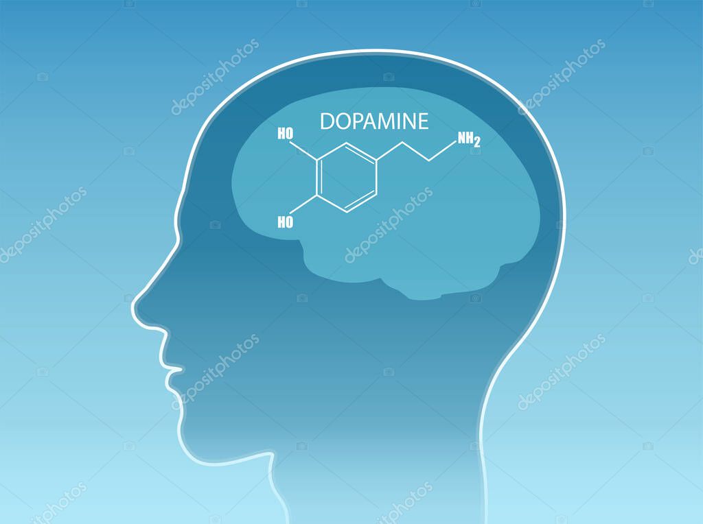 Vector de una fórmula química de la hormona dopamina dentro del cerebro ...