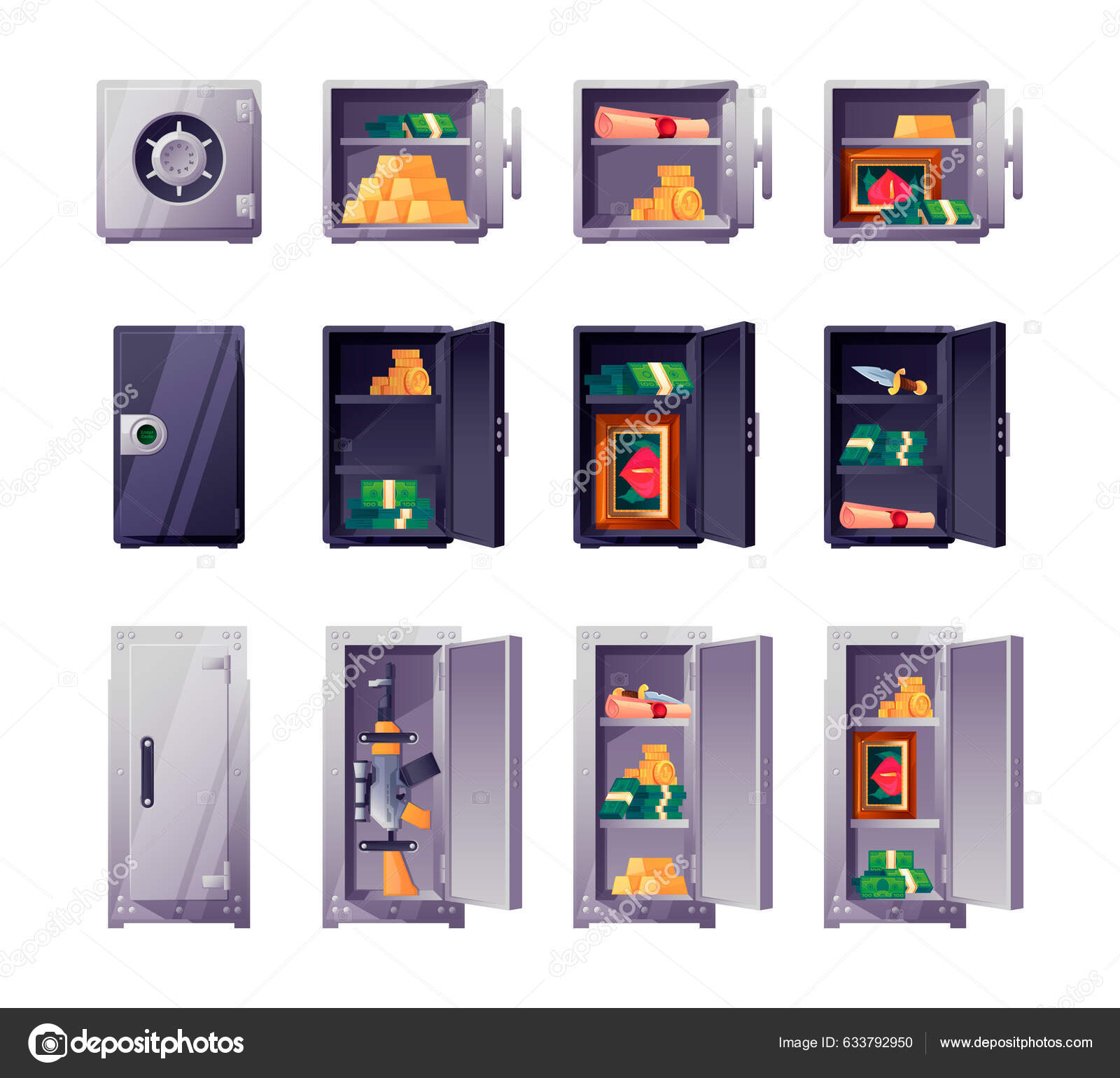 Open Safe Cartoon Bank Safely Vault Money Gold Bars Jewelry Stock ...