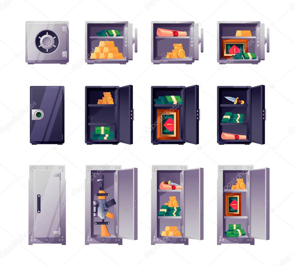Open safe. Cartoon bank safely vault for money gold bars jewelry, cash ...