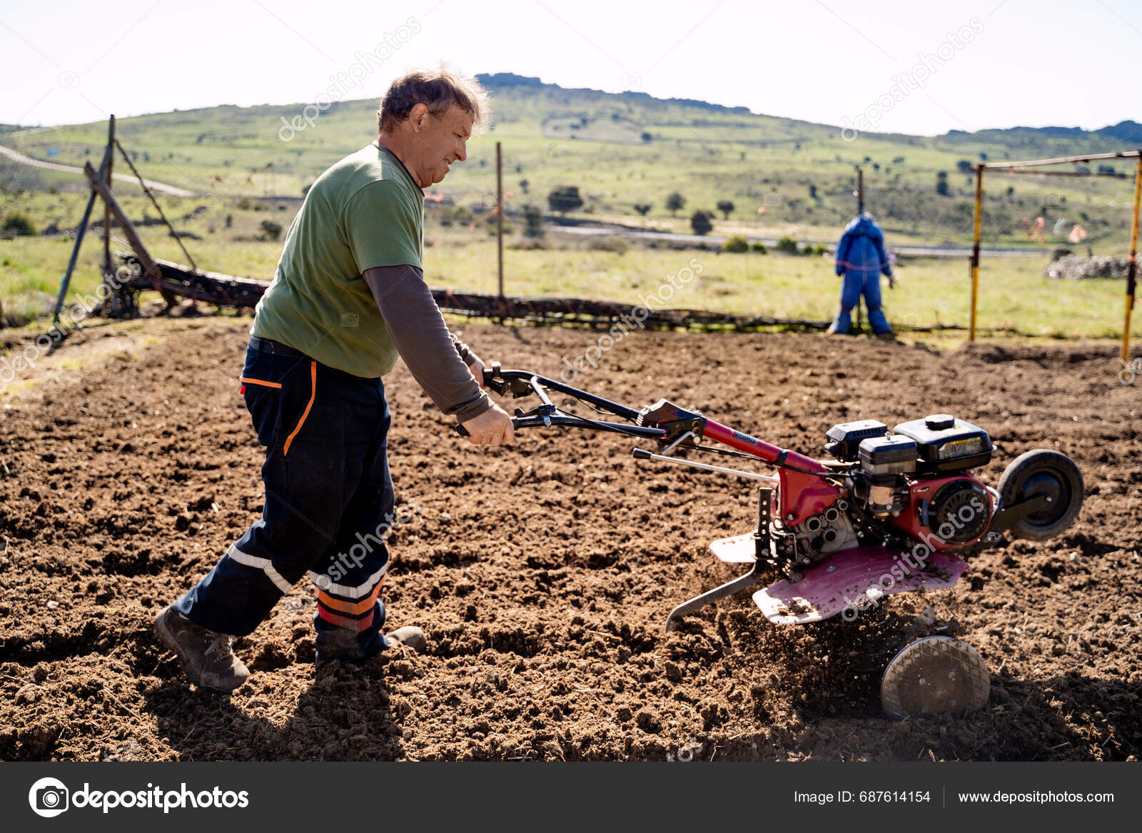 Farmer Man Plows Land Cultivator Machinery Cultivator Soil Cultivation ...