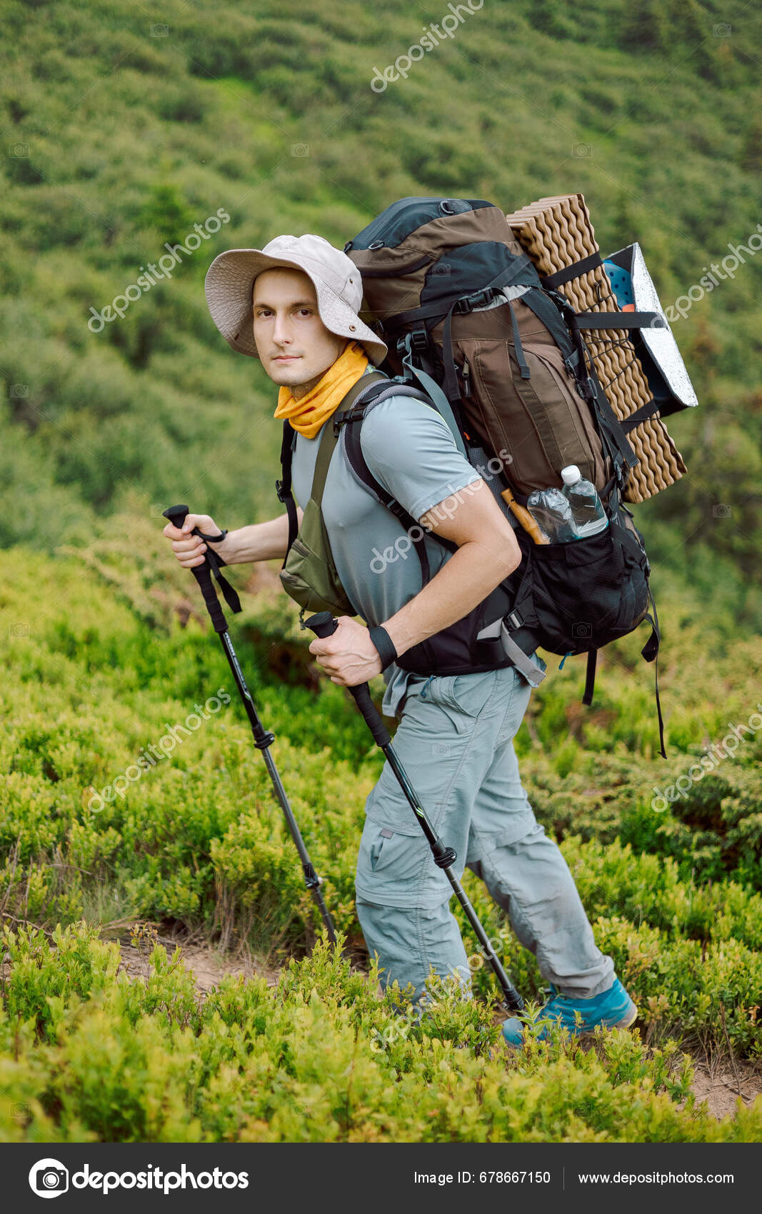Portrait Hiker Trekking Poles Backpack Climbing Descending Mountain ...