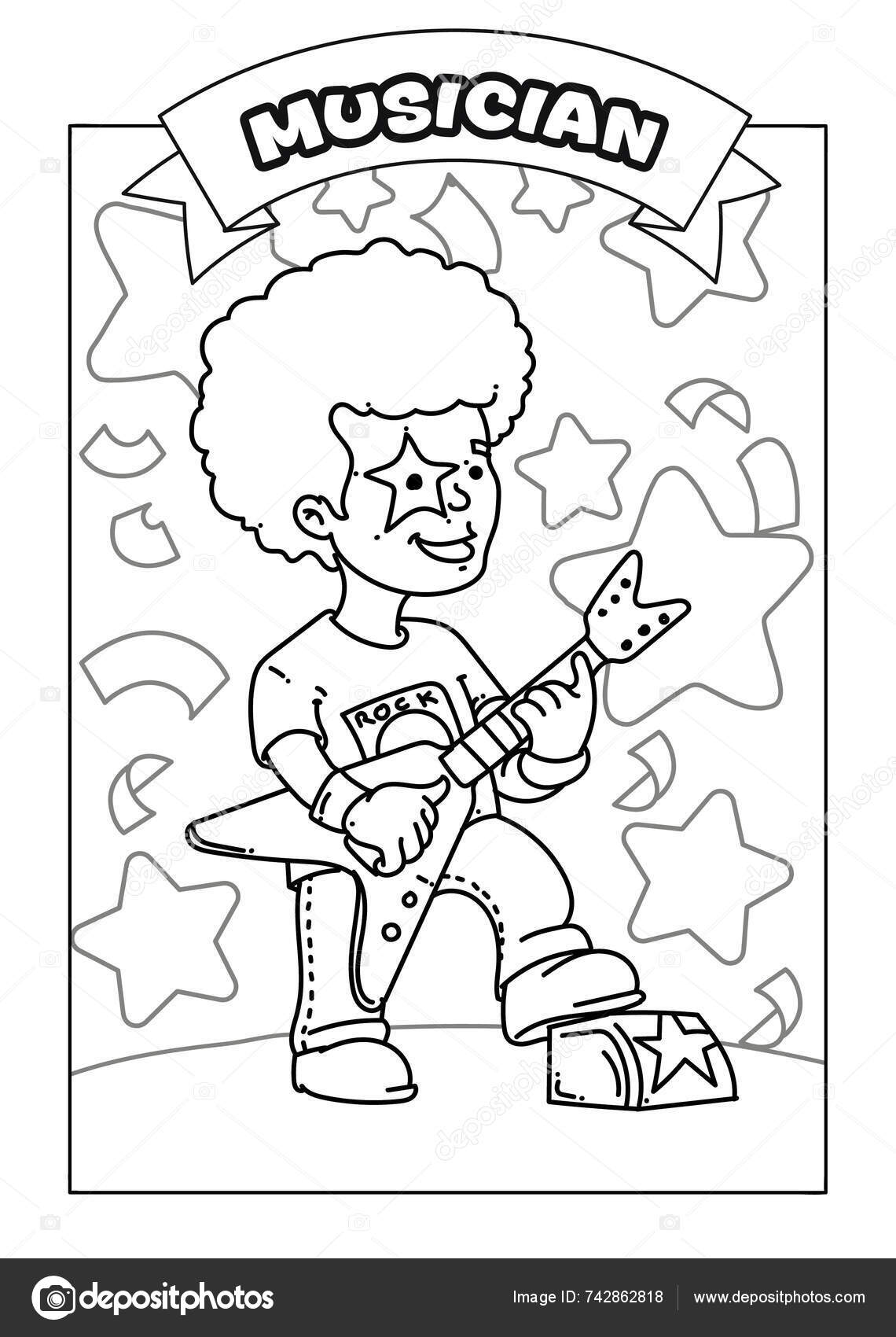 Occupations Musician Themed Coloring Pages Kids Black White Guitarist ...