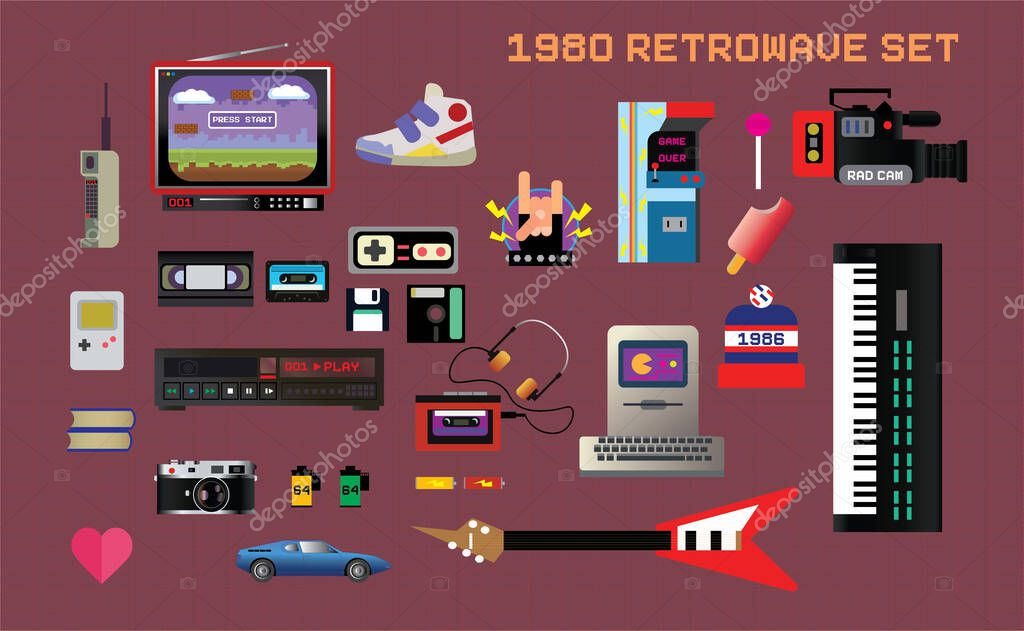 Big set of 1980's related items, retrowave vector icons and stickers ...