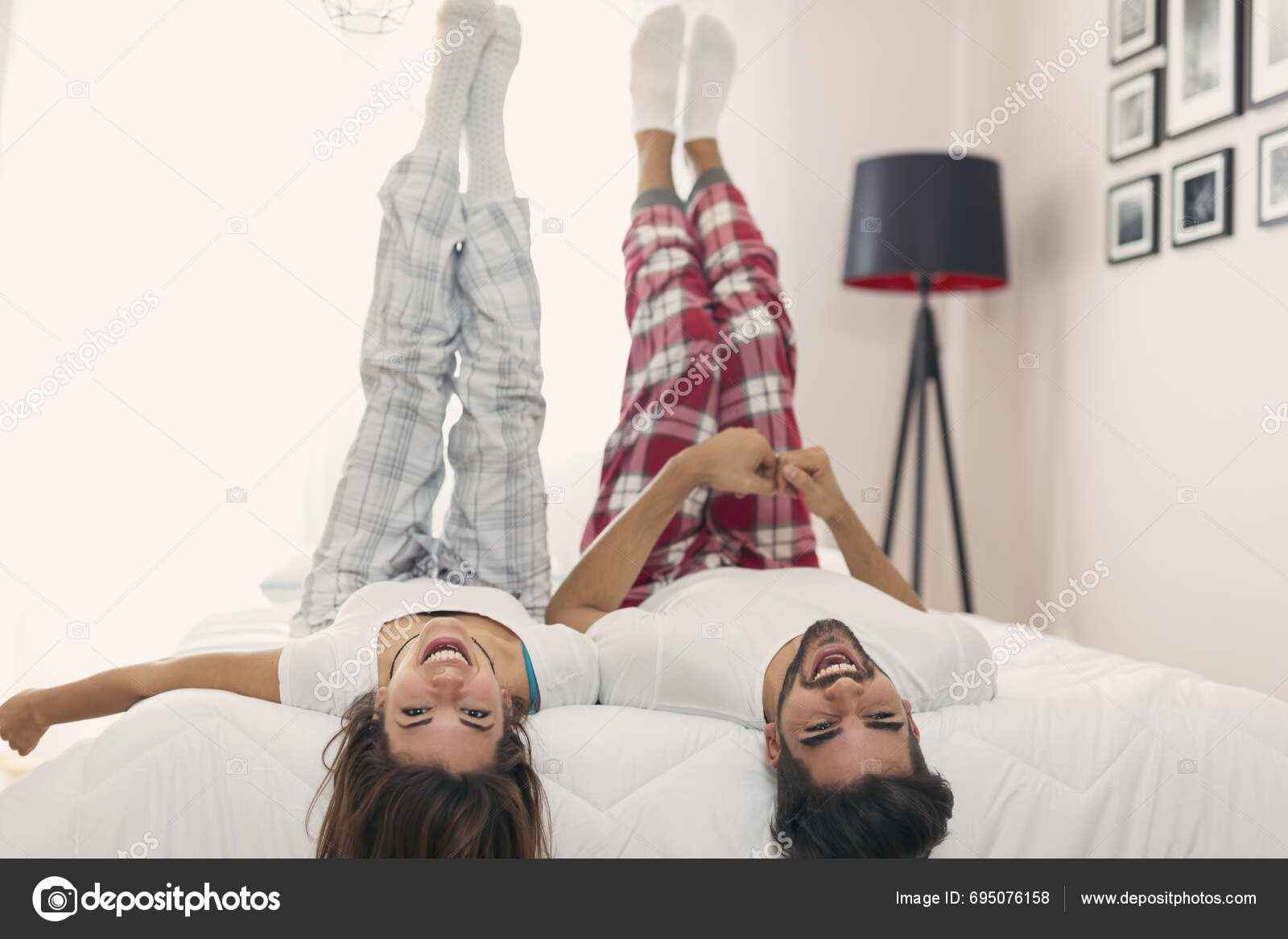 Couple Having Fun Lying Bed Hanging Upside Morning Waking Focus — Stock ...