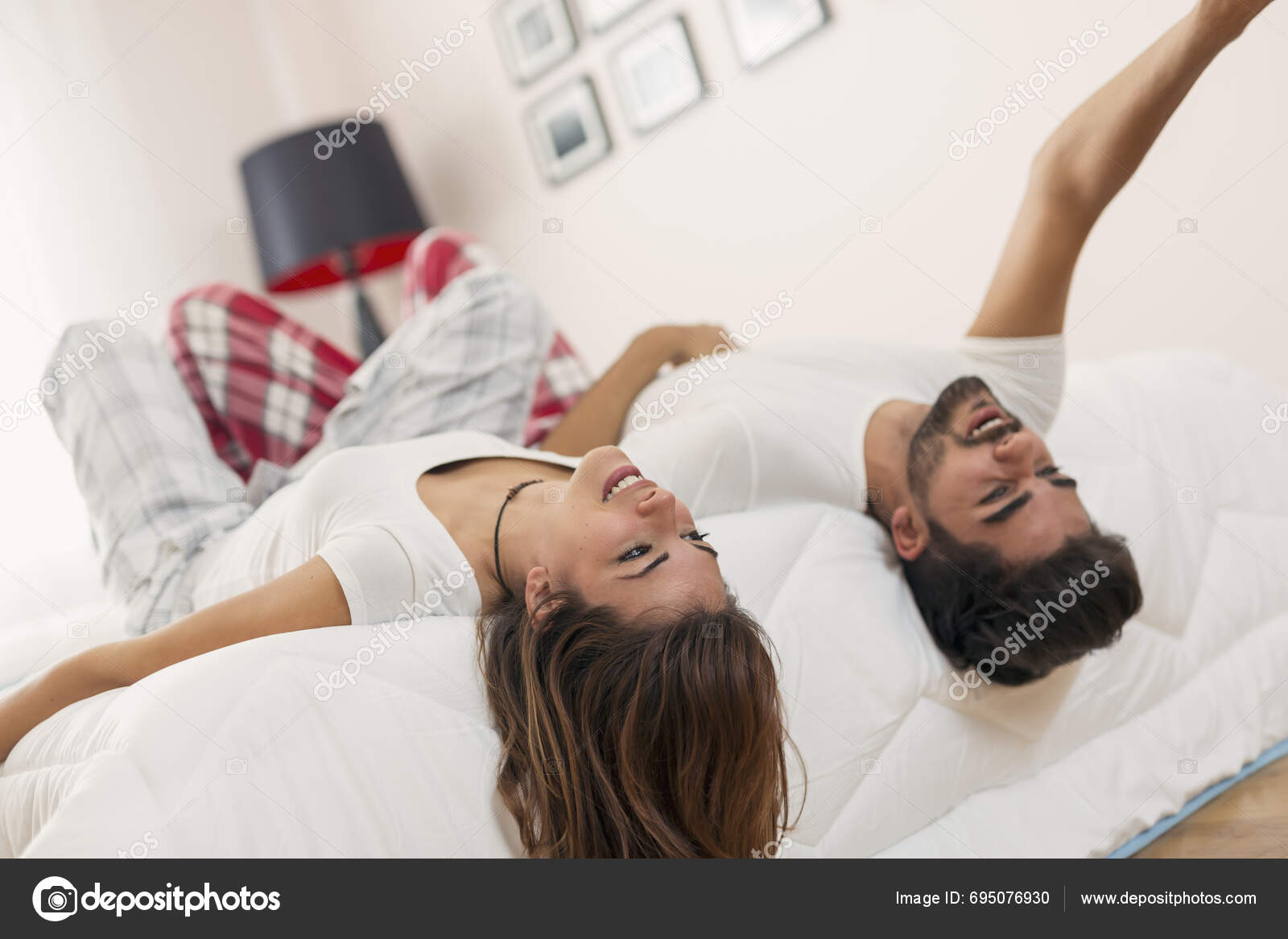 Couple Having Fun Lying Bed Hanging Upside Morning Waking Focus — Stock ...
