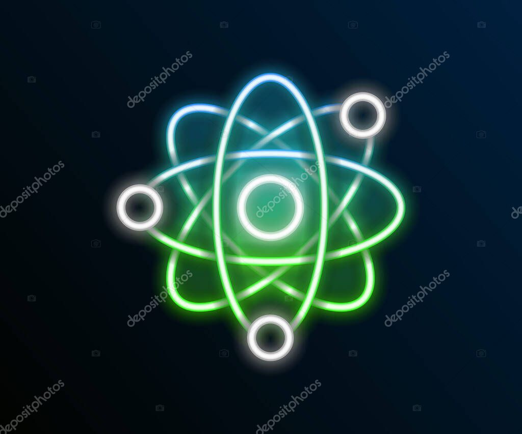 Icono de átomo de línea de neón brillante aislado sobre fondo negro ...