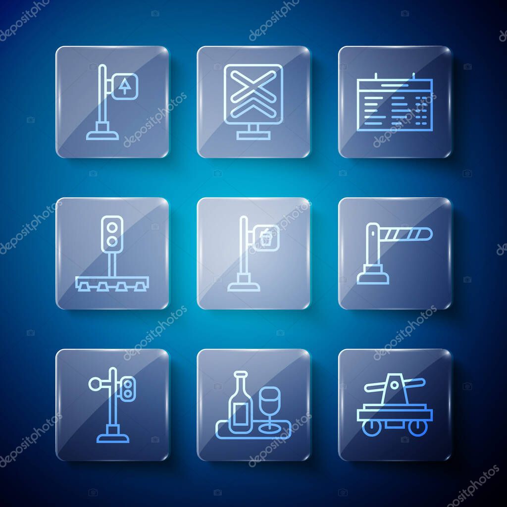 Establezca la l nea de sem foro de tren, botella de vino con vidrio, cocina o handcar, tablero ...