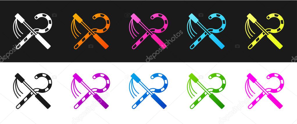 Establecer Crook y flail icono aislado sobre fondo blanco y negro ...