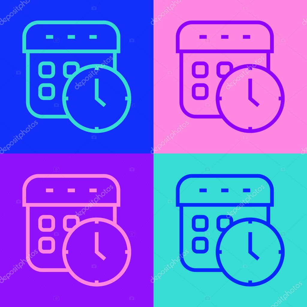 Pop art line Calendario e icono de reloj aislados en el fondo de color. Horario, cita ...
