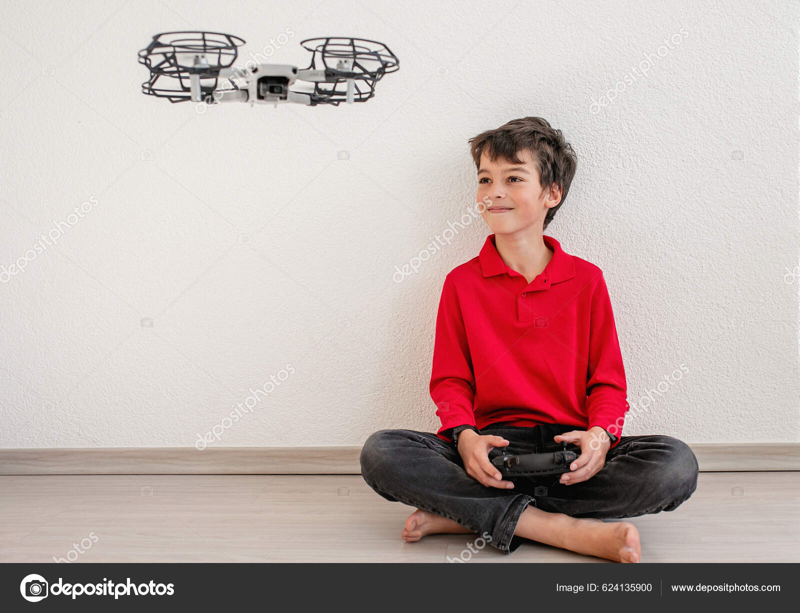 Cute Boy Operating Dron Quadcopter Remote Control White Background ...