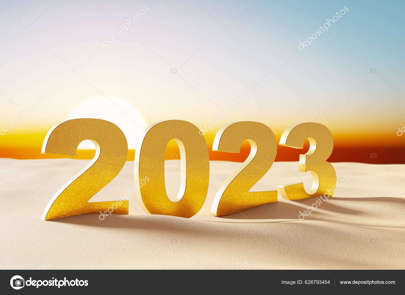 2023 Gold Number Sand Beach Sunset Sky Abstract Background Happy Stock ...