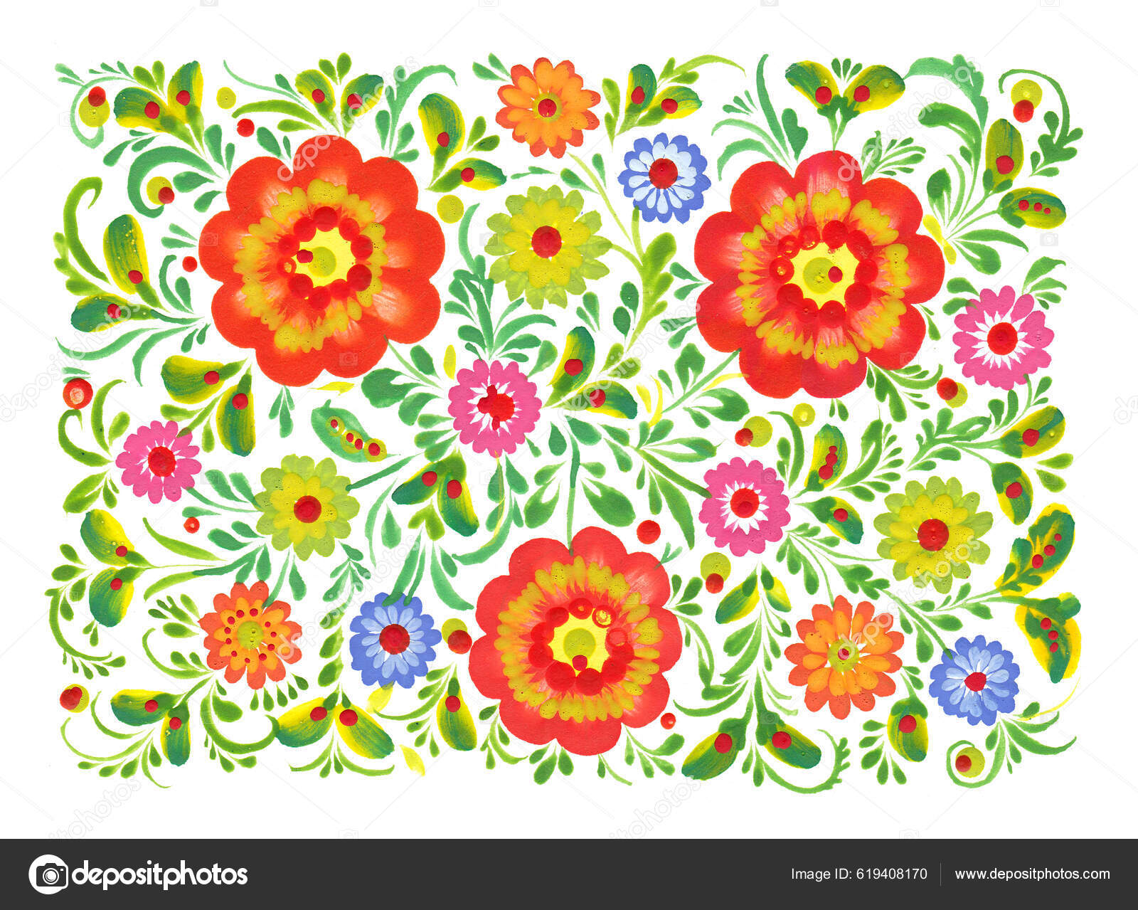 Hand Drawn Floral Painting Isolated White Ukrainian Folk Art ...
