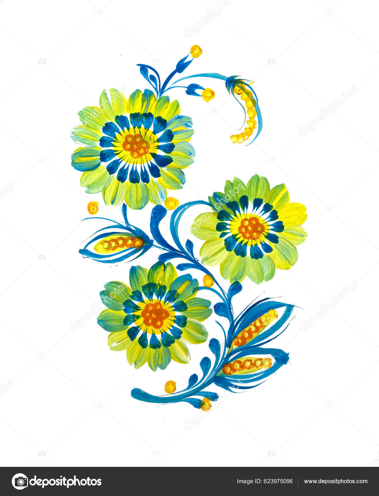 Hand Drawn Floral Painting Isolated White Ukrainian Folk Art ...
