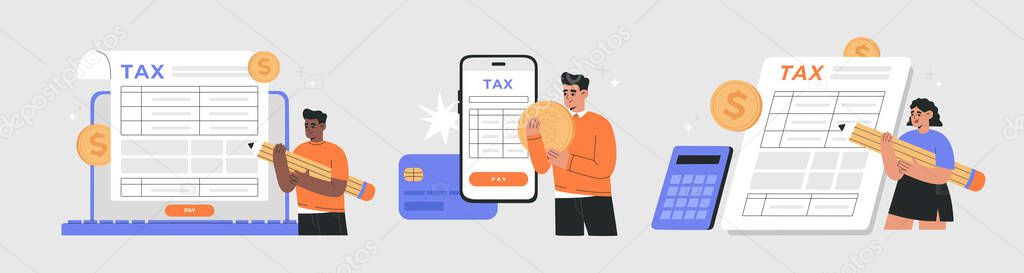 Concepto de pago de impuestos, conjunto de ilustraci n vectorial. Rellenar formulario de ...