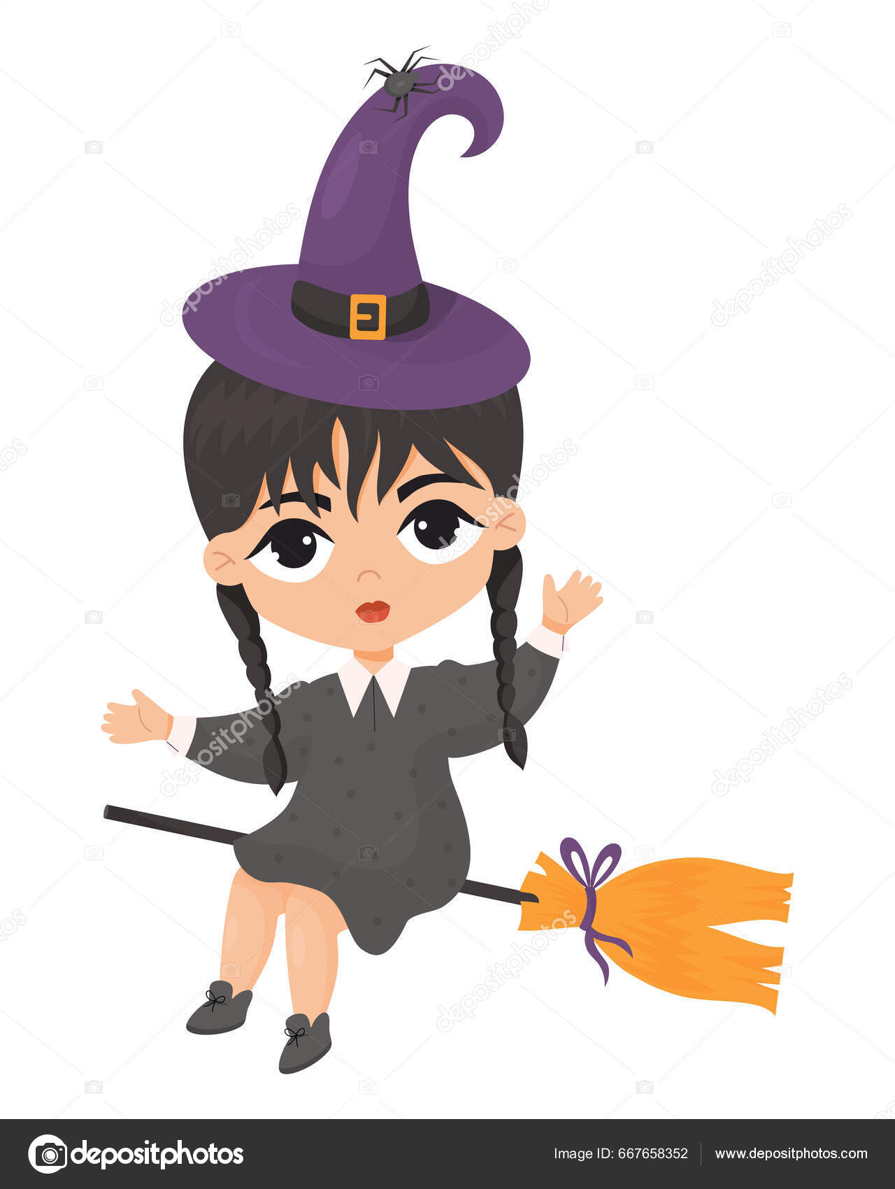 Linda Chica Dibujos Animados Bruja Sombrero Está Volando Palo Escoba Vector de stock por ©Lysak ...