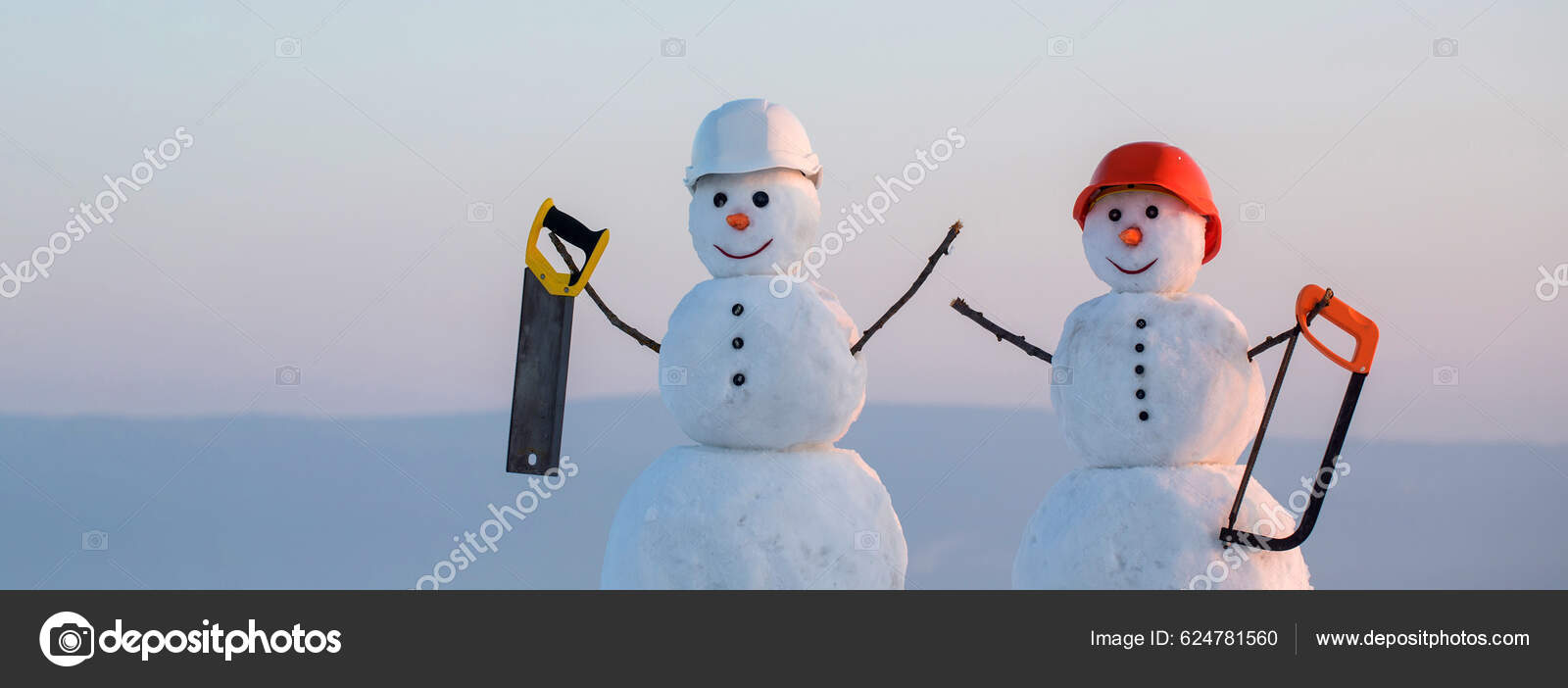 Two Snowmen Builders Building Helmet Hold Saw Snowman Hard Hat Stock ...