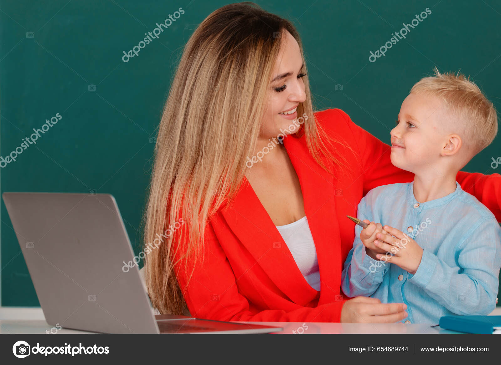 Mother Son Together Using Computer Laptop School Child Learning ...