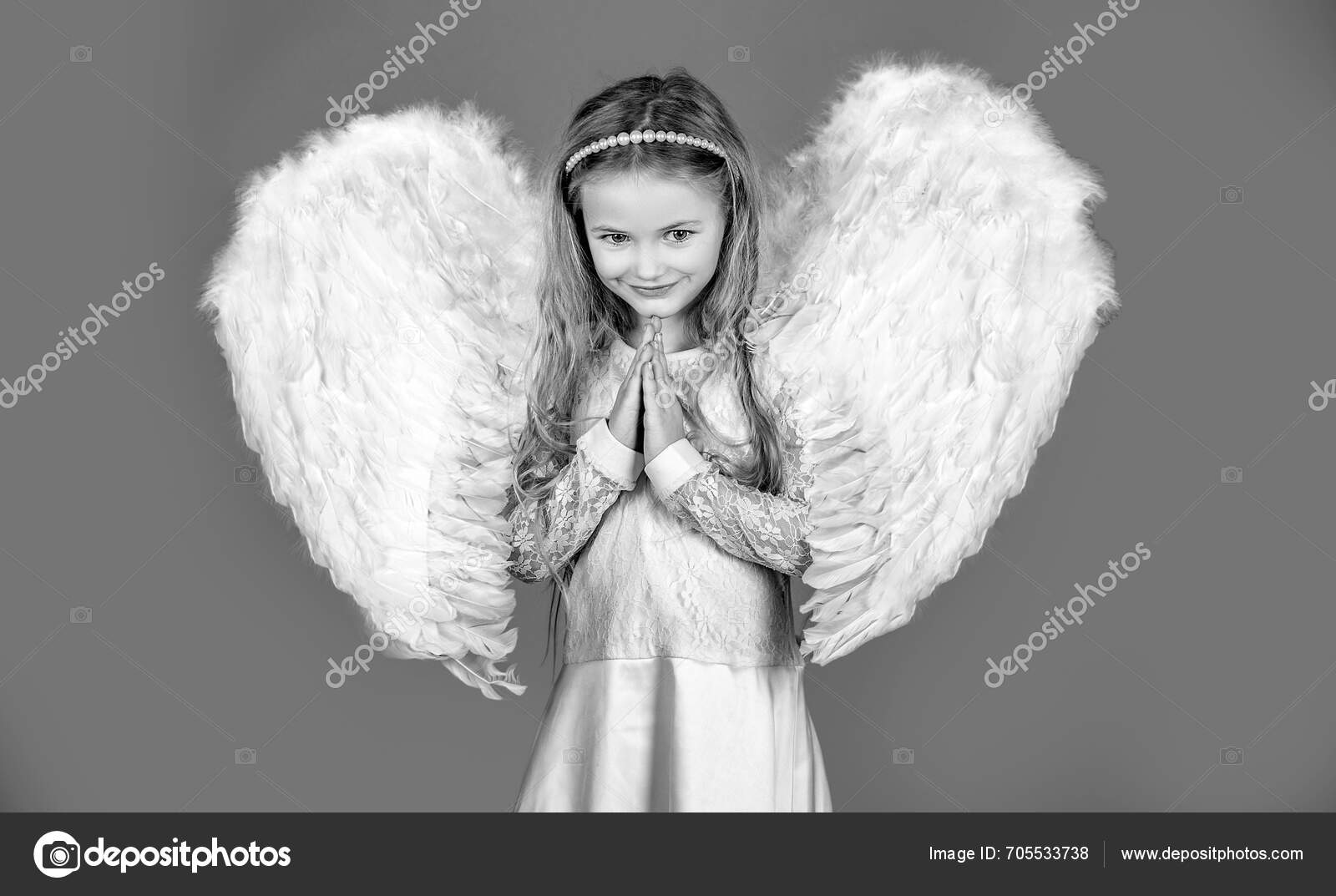 Child Angelic Face Cute Child Girl Posing Angel Wings Beautiful — Stock ...