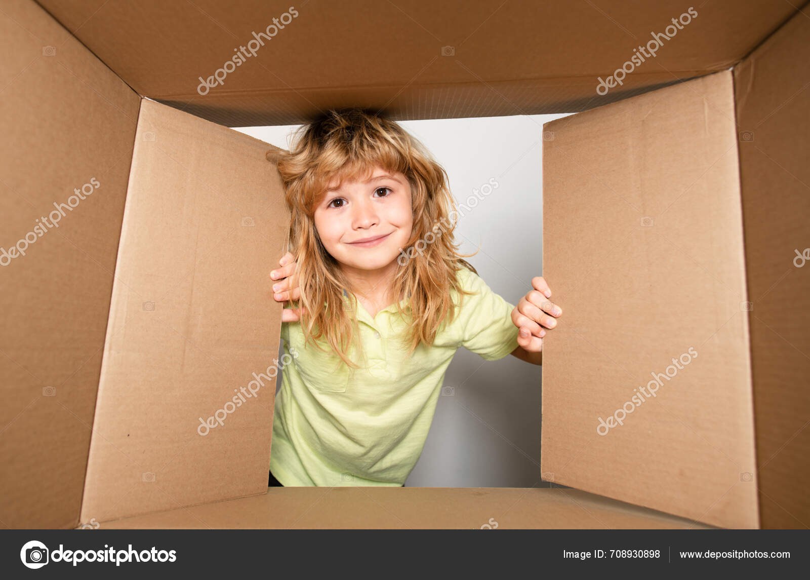 Kid Boy Unpacking Opening Carton Box Looking Surprise Face Parcels ...