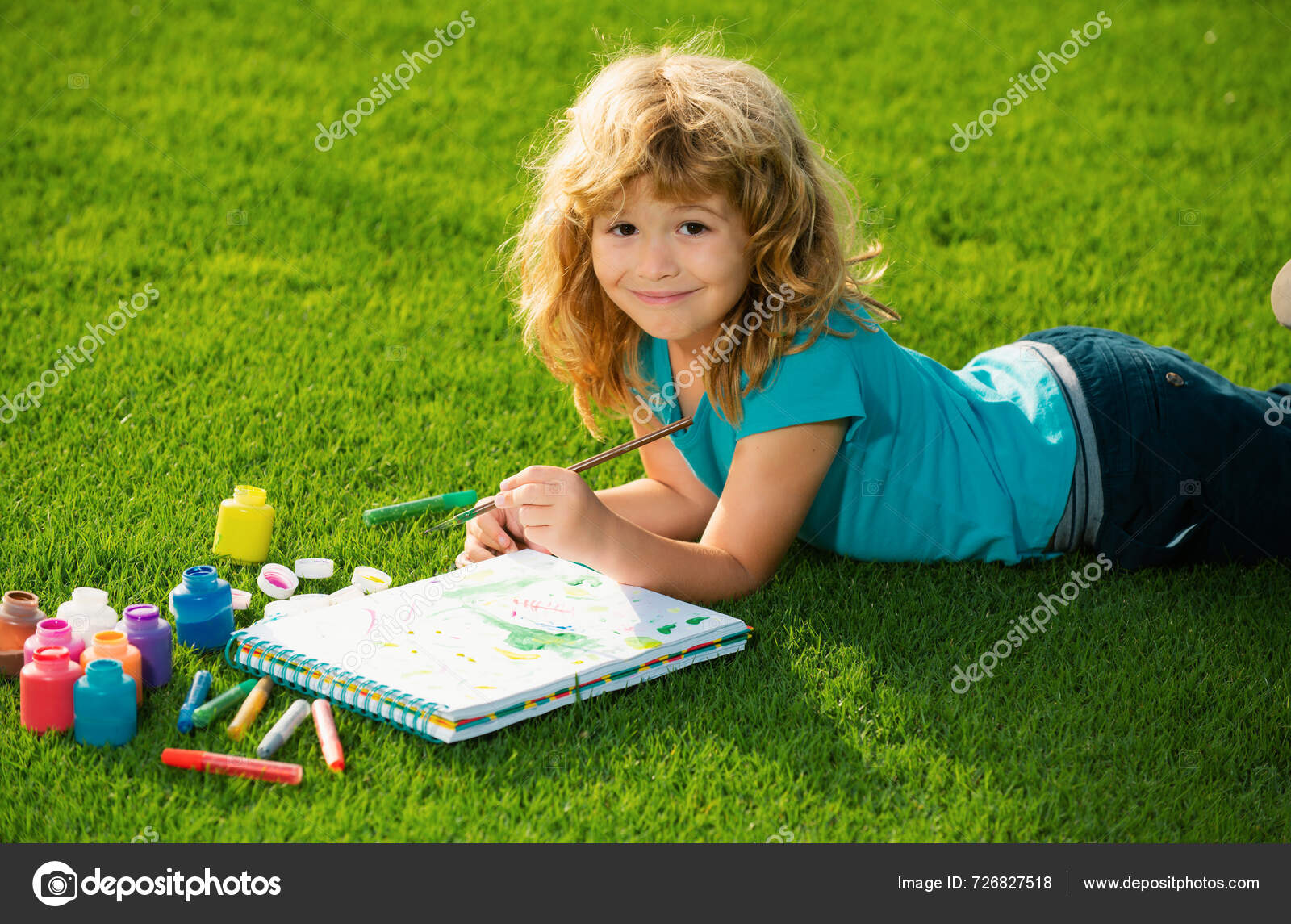 Young Talented Boy Artist Painter Child Boy Drawing Summer Park — Stock ...