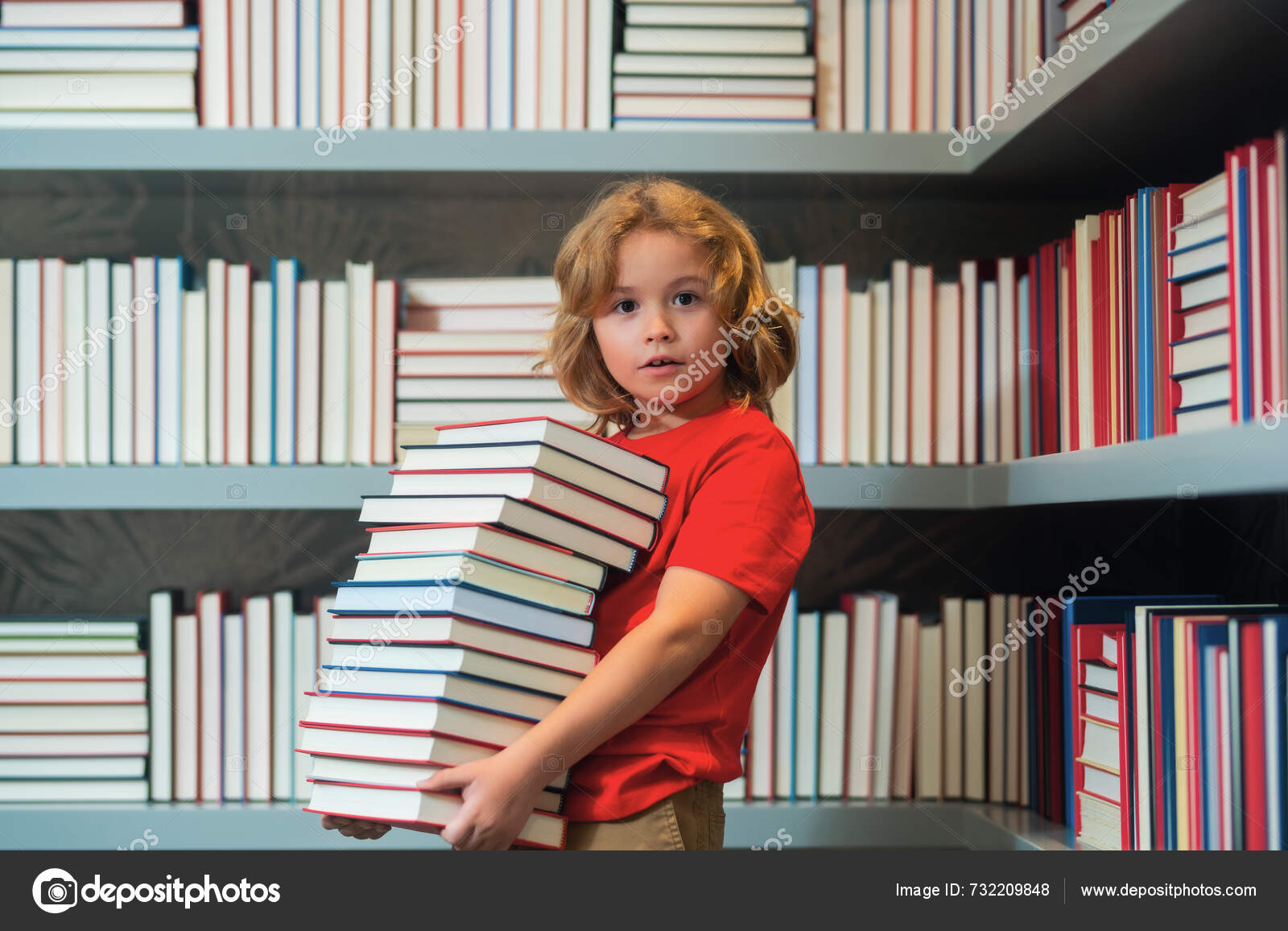 School Education Concept School Boy Doing Homework Desk School Library ...