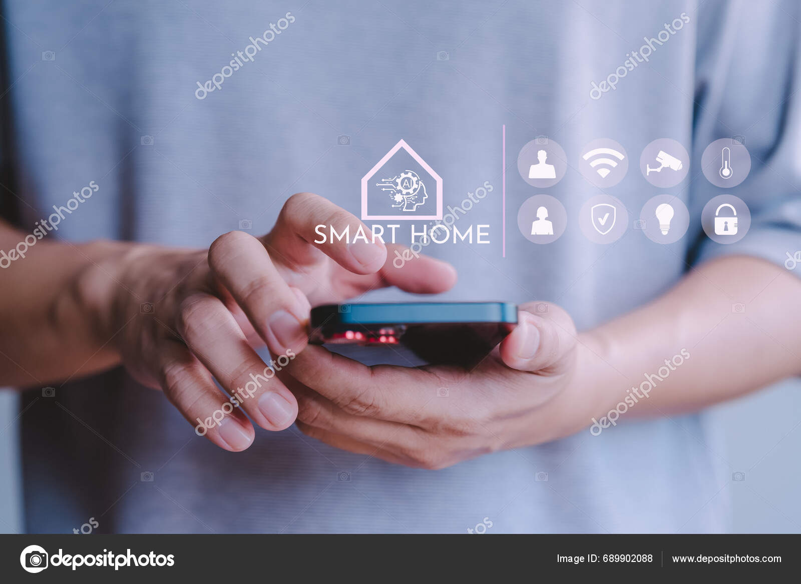 Adult Man Control Technology Smart Home Devices Using Mobile Phone ...