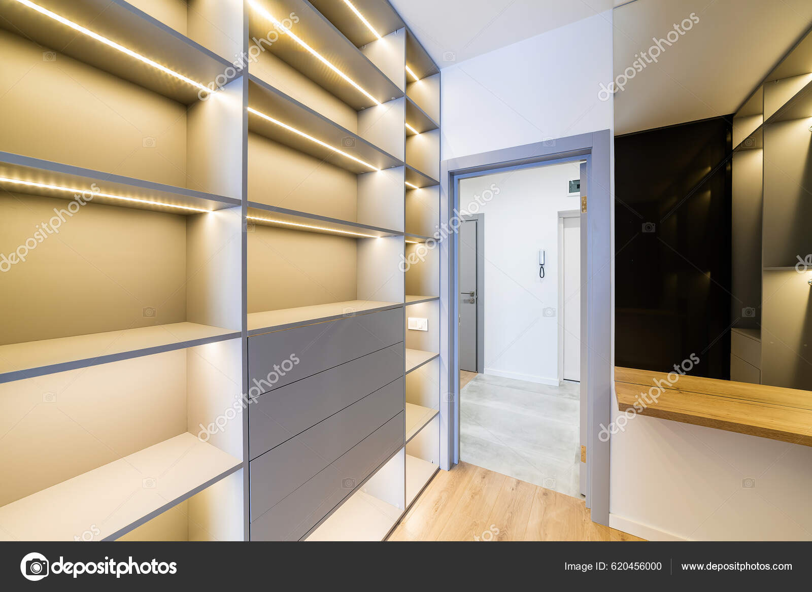 Bright Spacious Wardrobe Things Many Shelves Backlight — Stock Photo ...