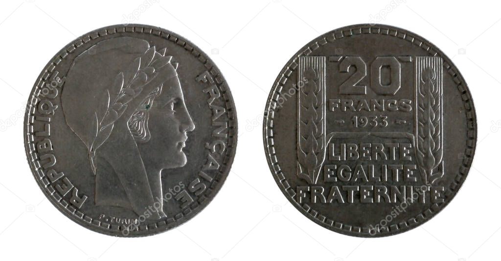 Moneda francesa de veinte francos acuñada en 1933, cabeza laureada de ...