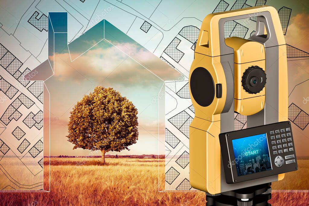 Escena rural con mapa catastral imaginario de territorio con edificios ...